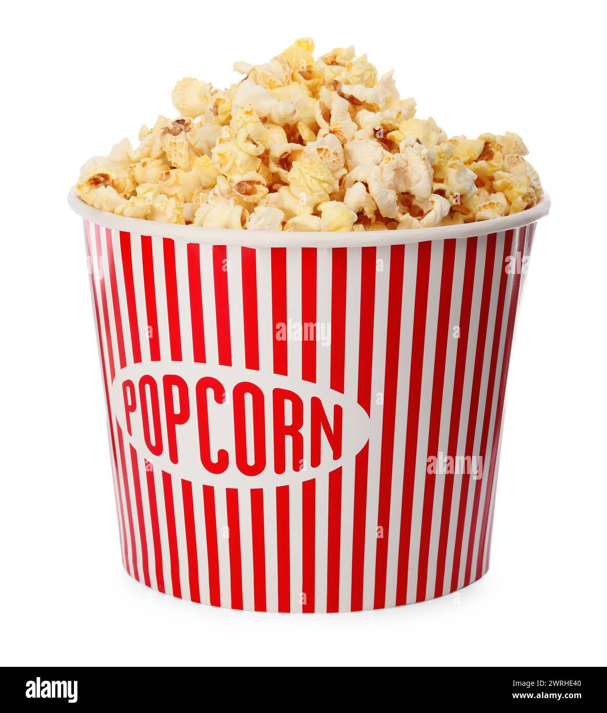 Tasty fresh pop corn in bucket isolated on white Stock Photo - Alamy