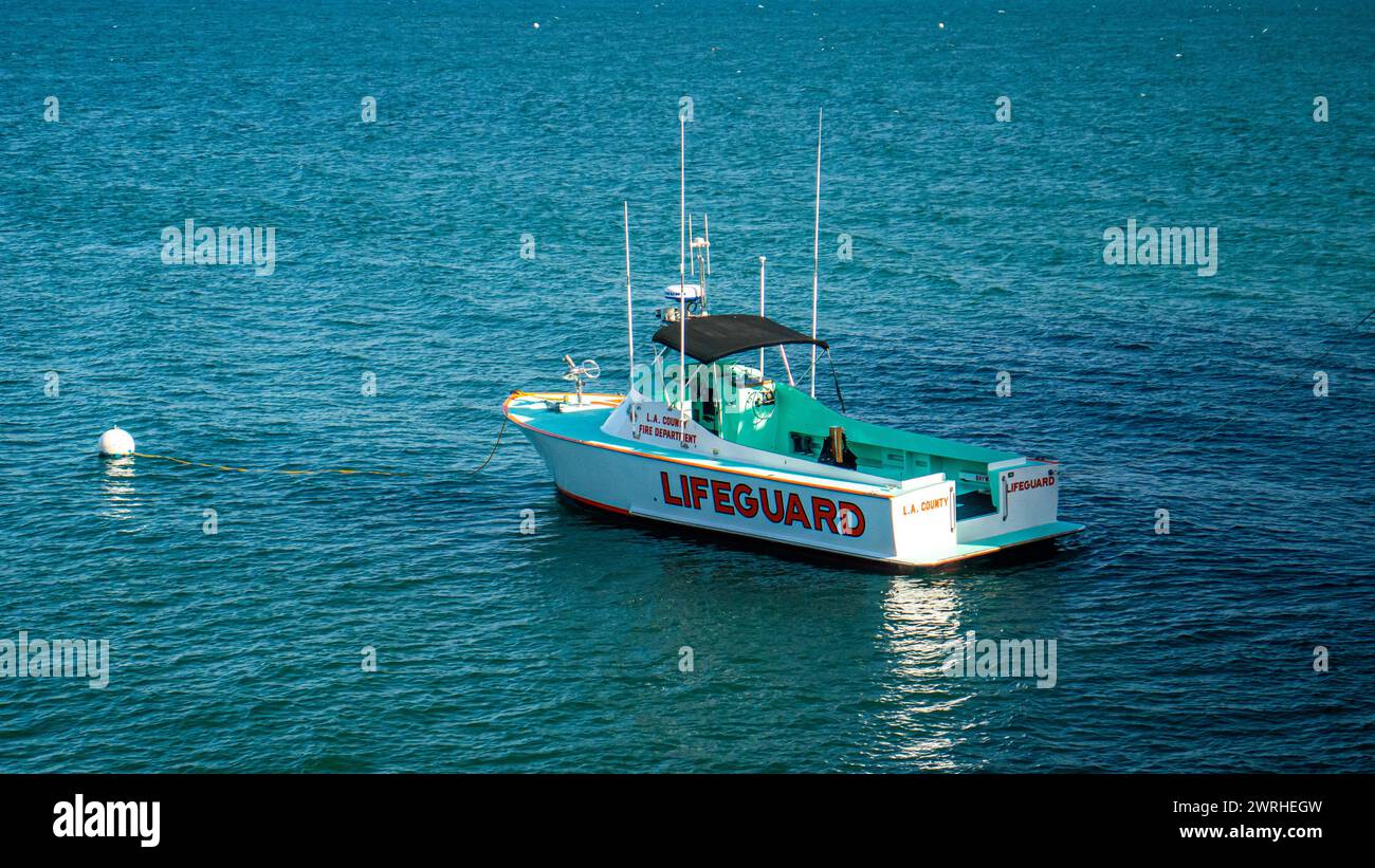 A lifeguard boat anchored off Malibu Pier in Malibu, California Stock ...