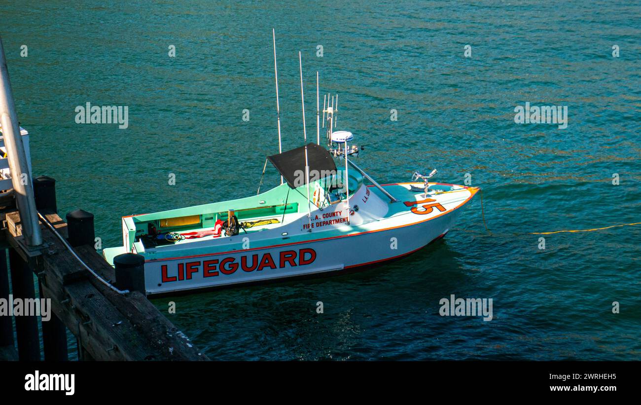 A lifeguard boat anchored off Malibu Pier in Malibu, California Stock ...