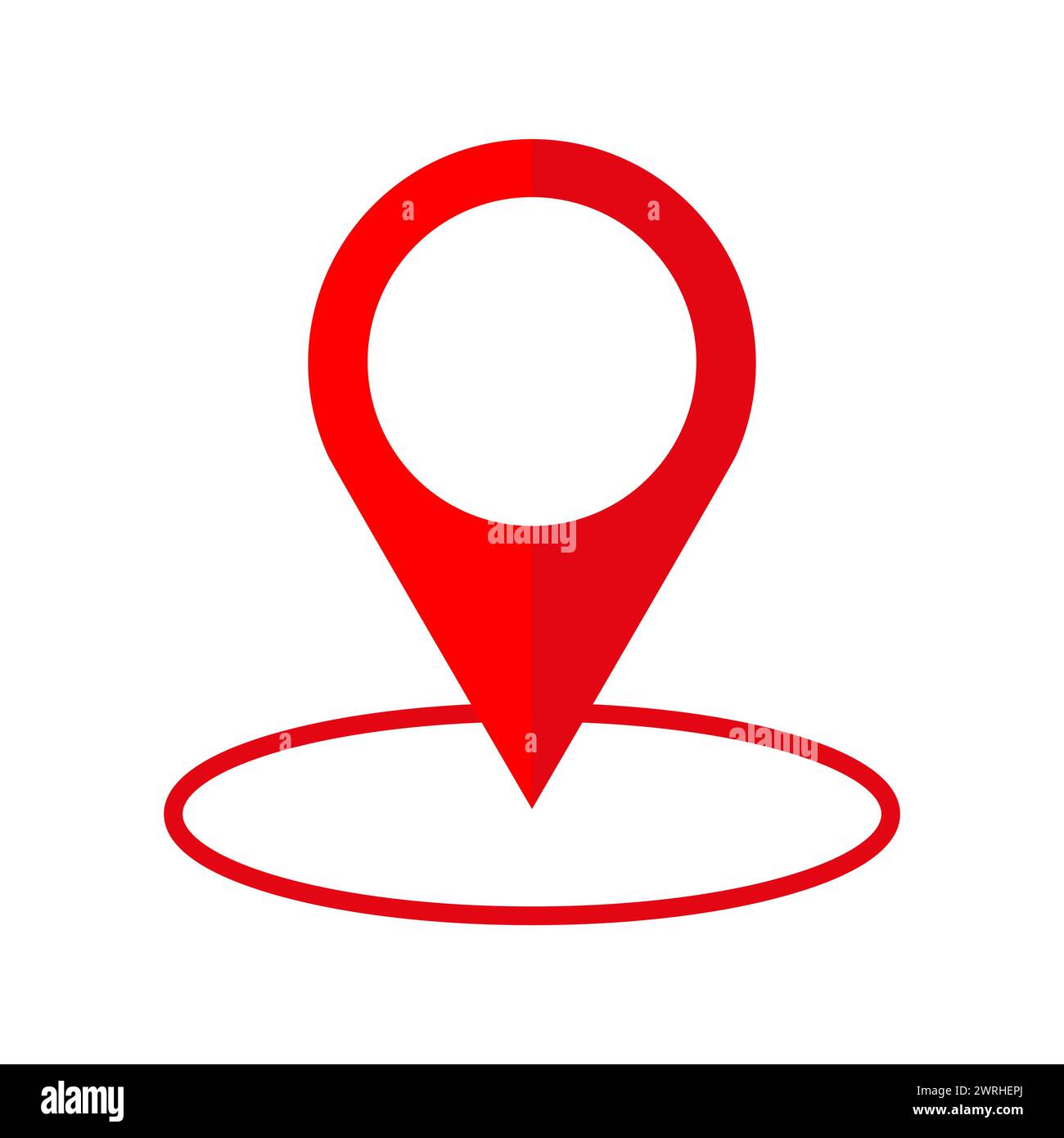 Bold red location pin icon centered over a shadow, isolated on white ...