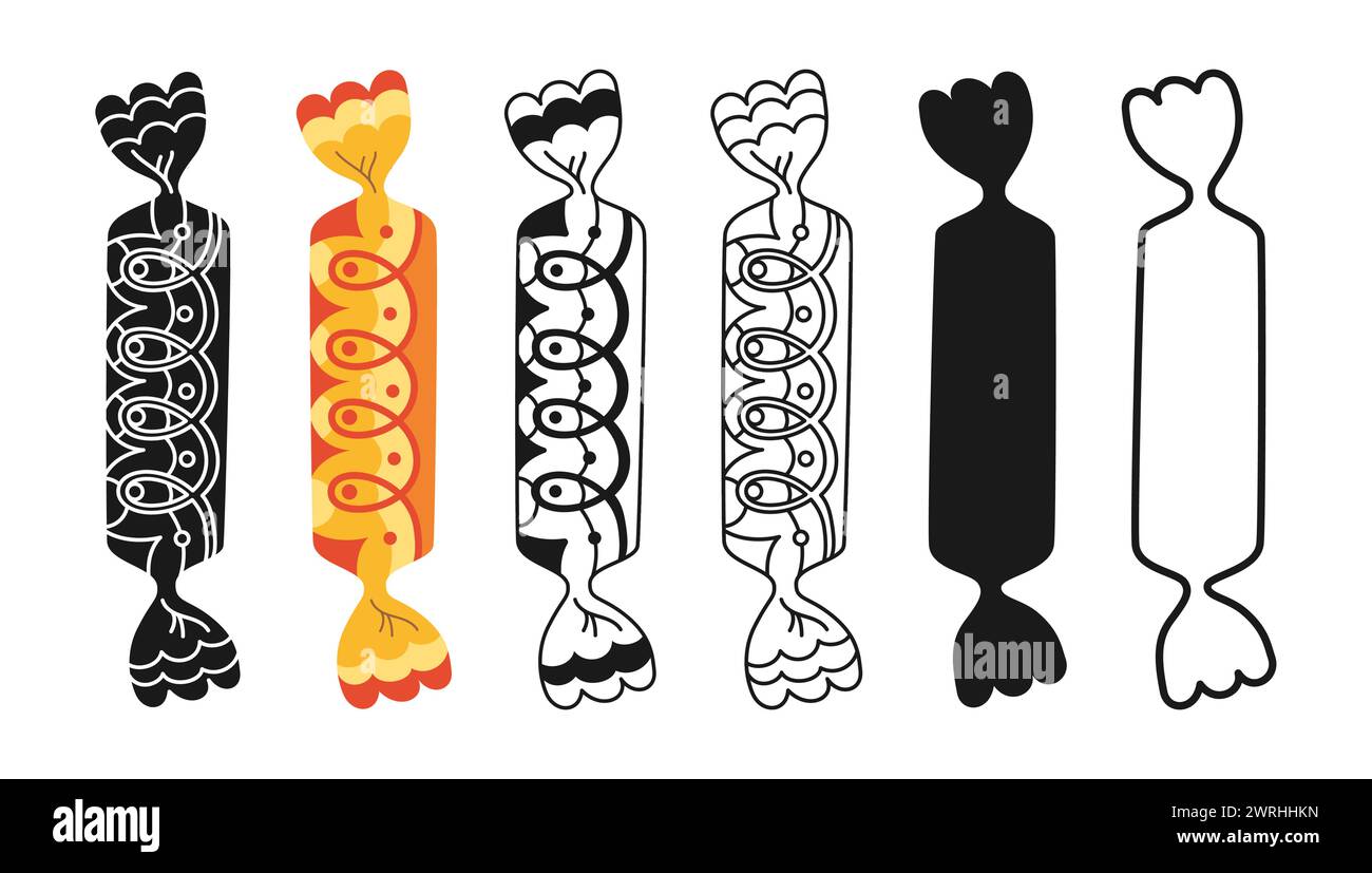 Wrapped candy with doodle cartoon ornament set. Symbol bonbon, stamp ...