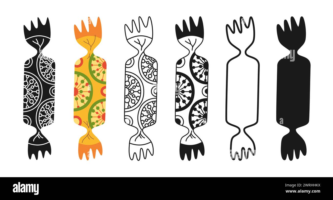 Wrapped candy with doodle cartoon ornament set. Symbol bonbon, stamp ...