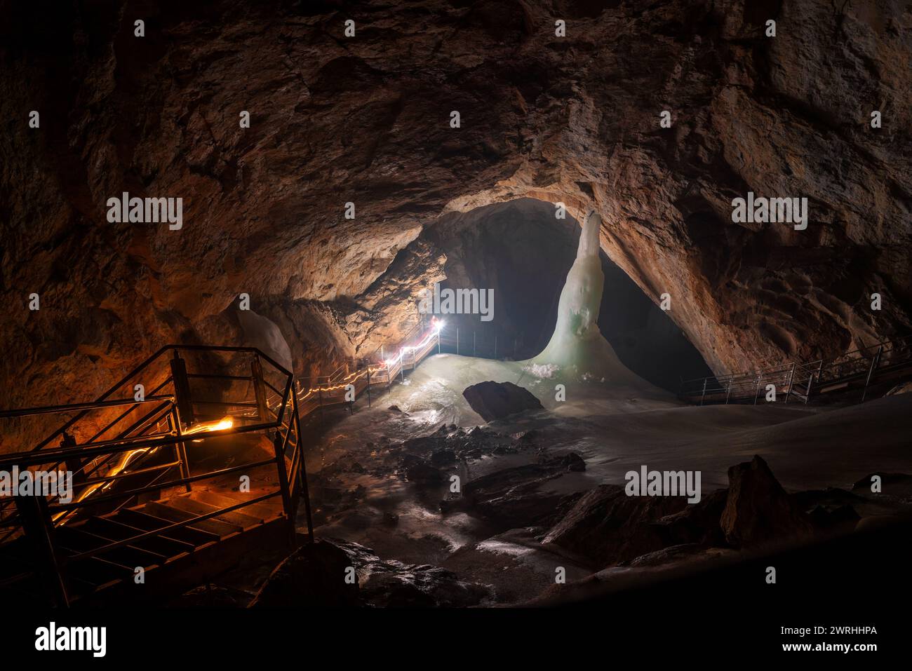 Cave formations with light trails in the Eisriesenwelt, the worlds ...