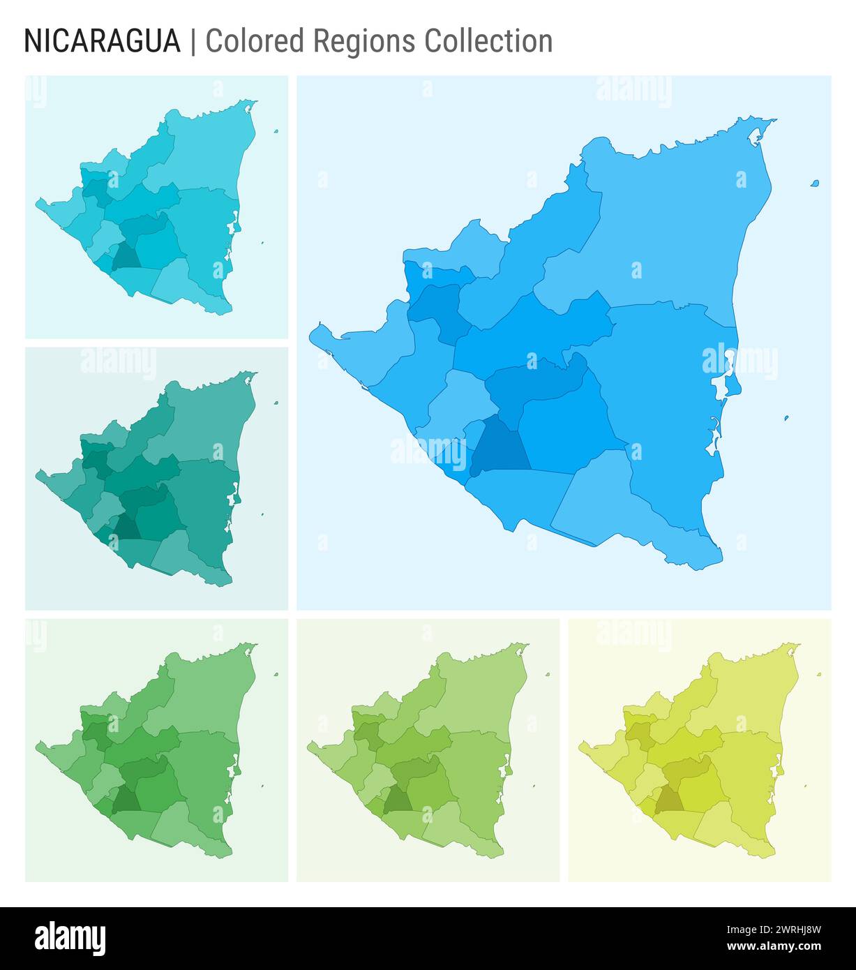 Nicaragua map collection. Country shape with colored regions. Light ...