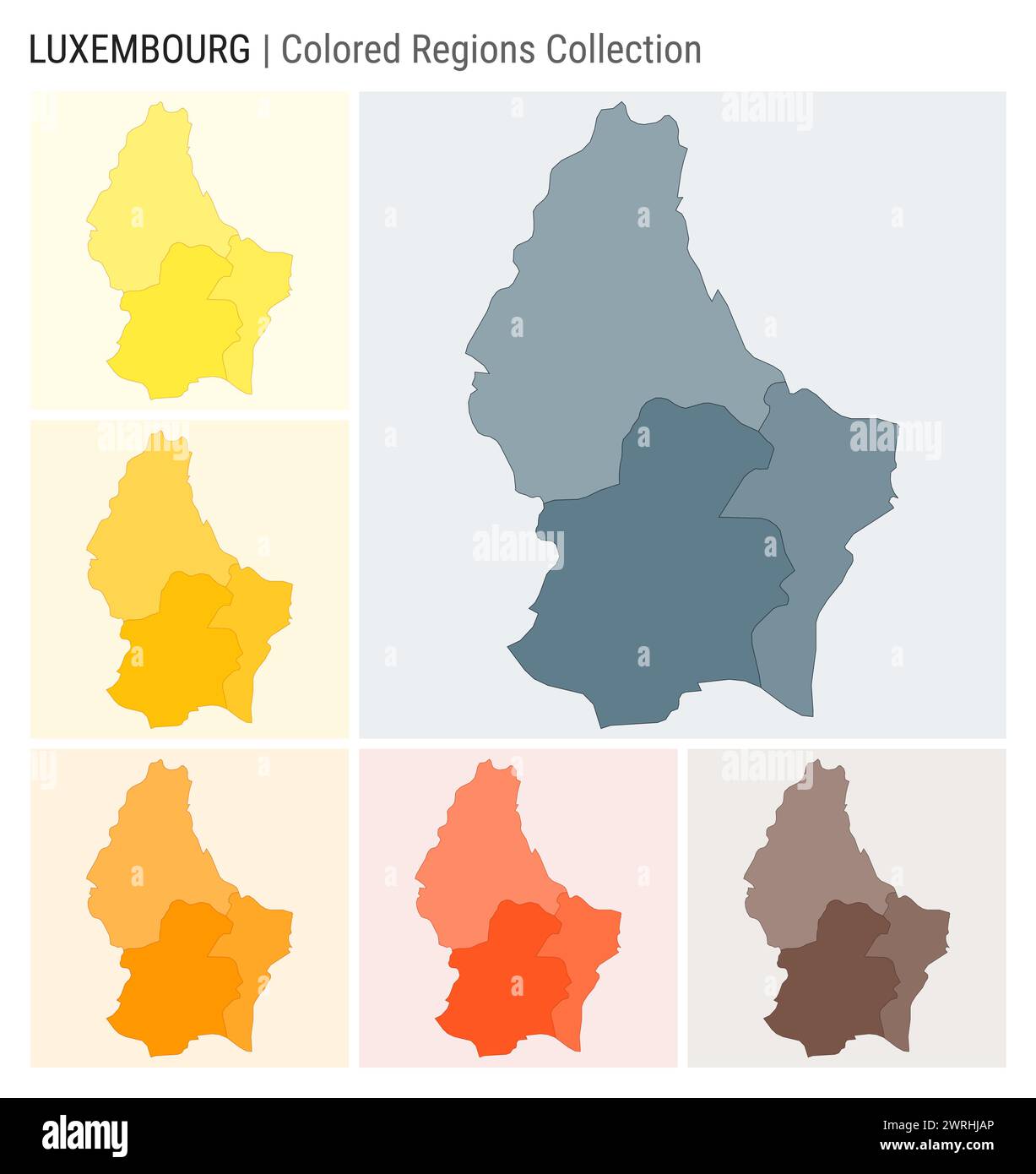 Luxembourg map collection. Country shape with colored regions. Blue ...