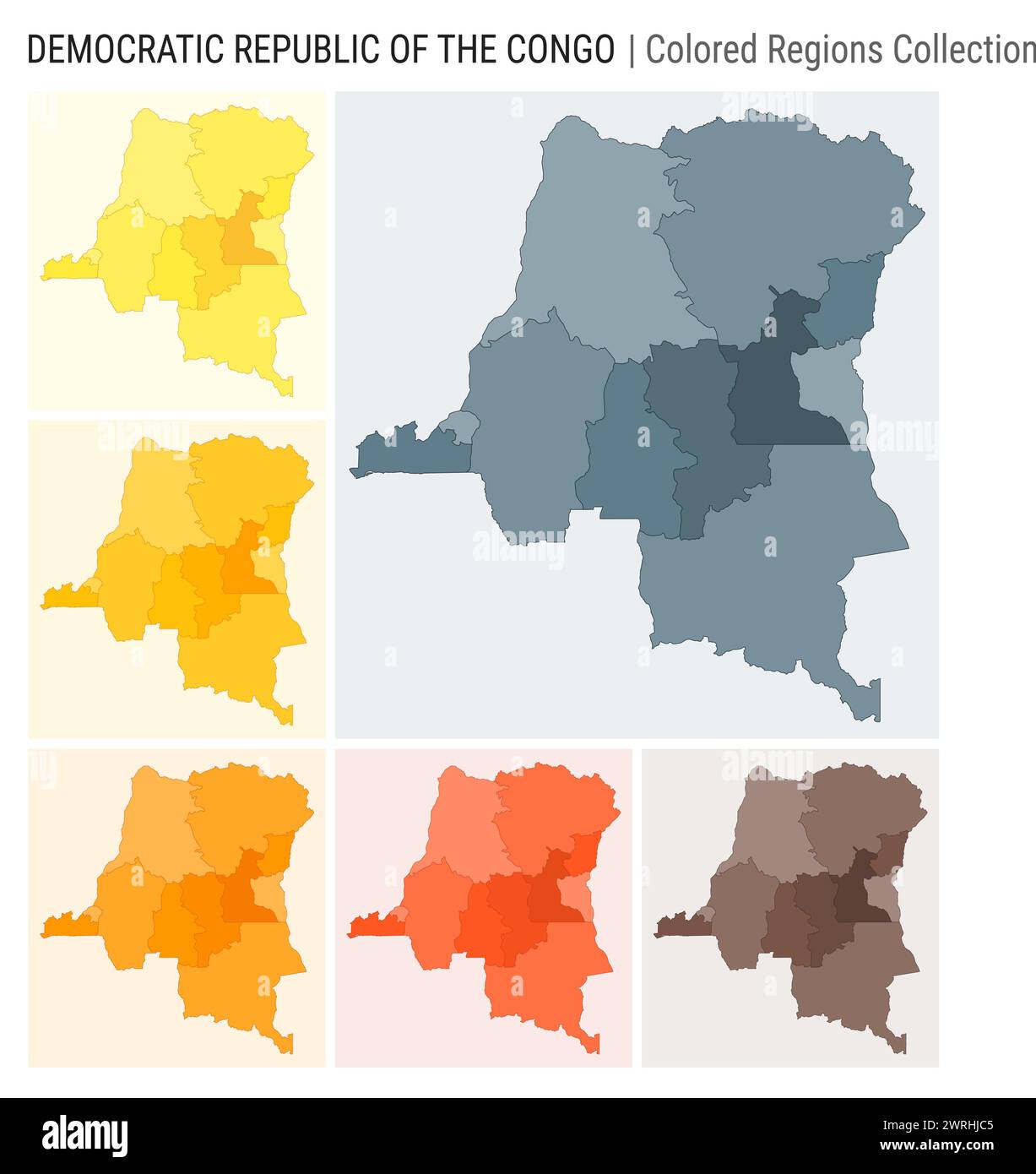 DR Congo map collection. Country shape with colored regions. Blue Grey ...