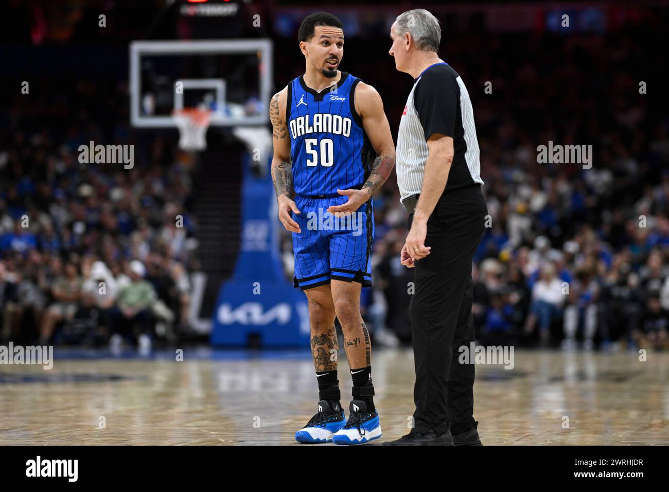 Orlando Magic guard Cole Anthony (50) argues a point with official ...