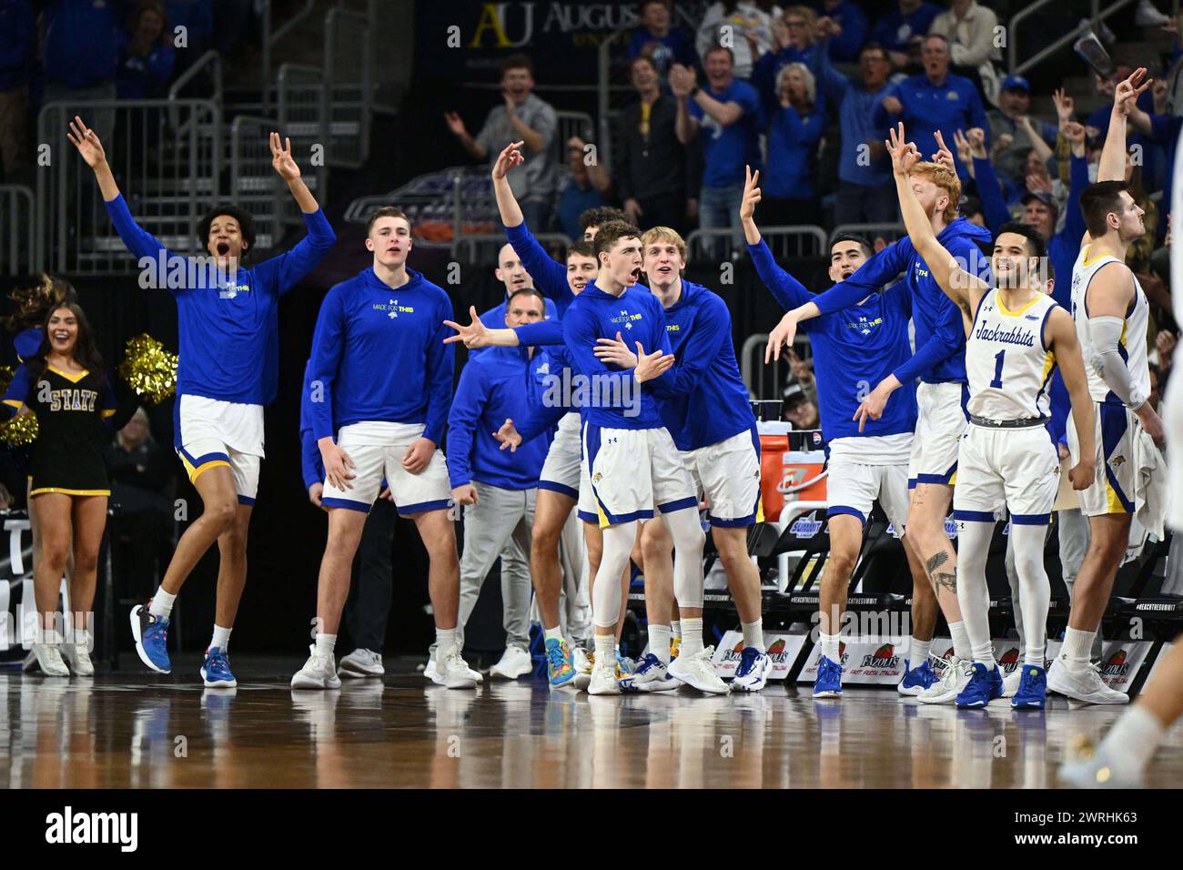 The South Dakota State bench celebrates a made three point shot during ...