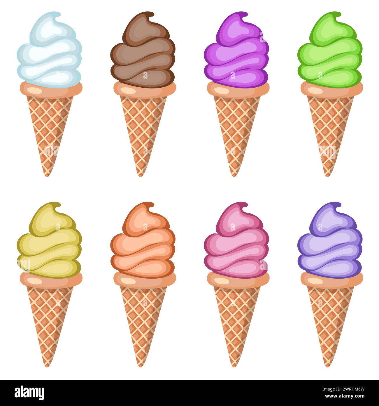 A set of ice cream with different flavors in waffle cones. Vector ...