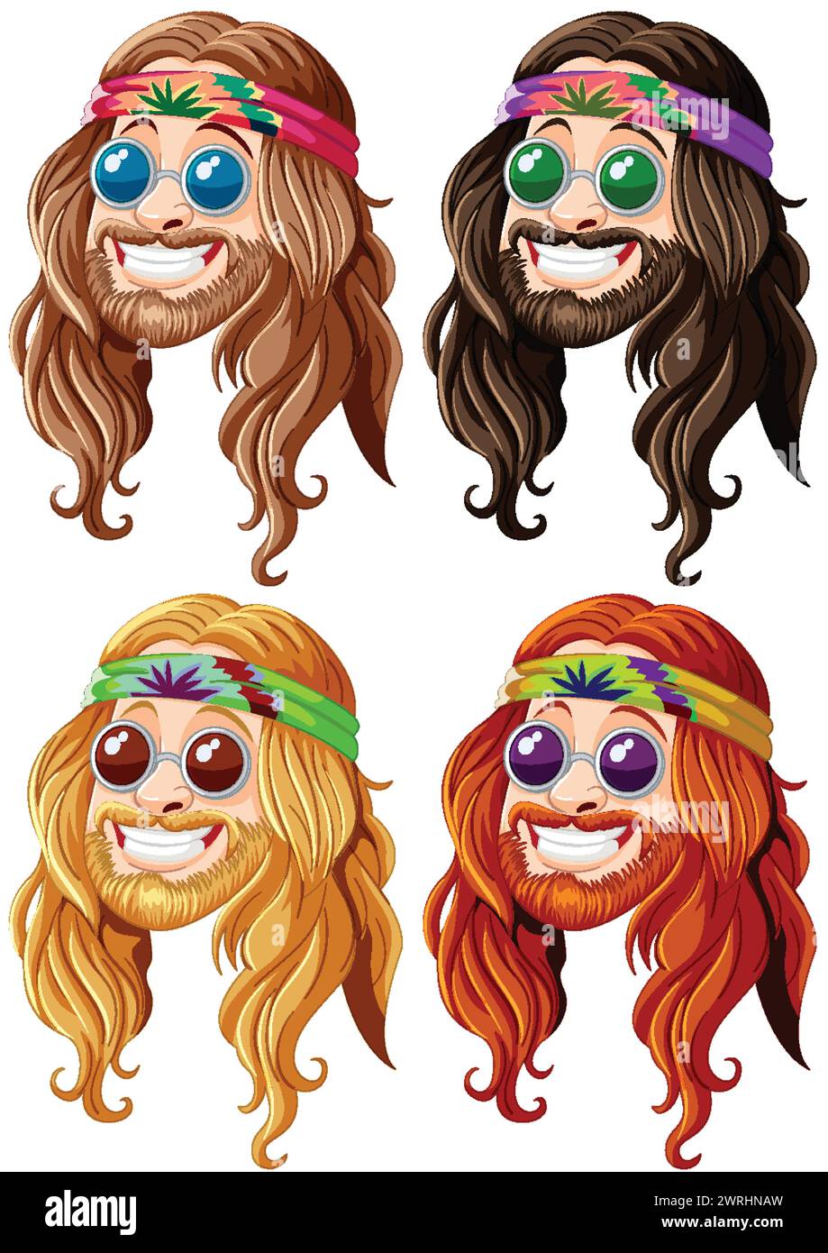 Four colorful, smiling hippie character illustrations Stock Vector ...