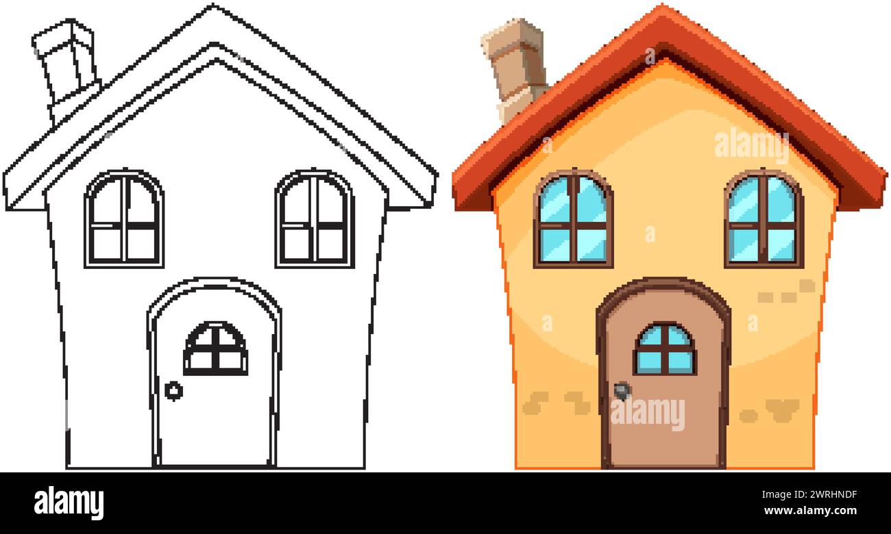 Vector illustration of a house, before and after coloring Stock Vector ...