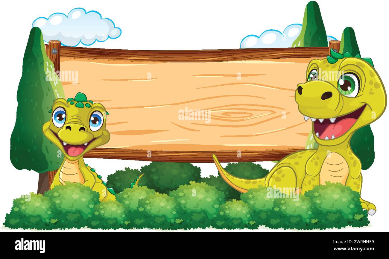 Two cartoon dinosaurs beside an empty wooden sign Stock Vector Image ...