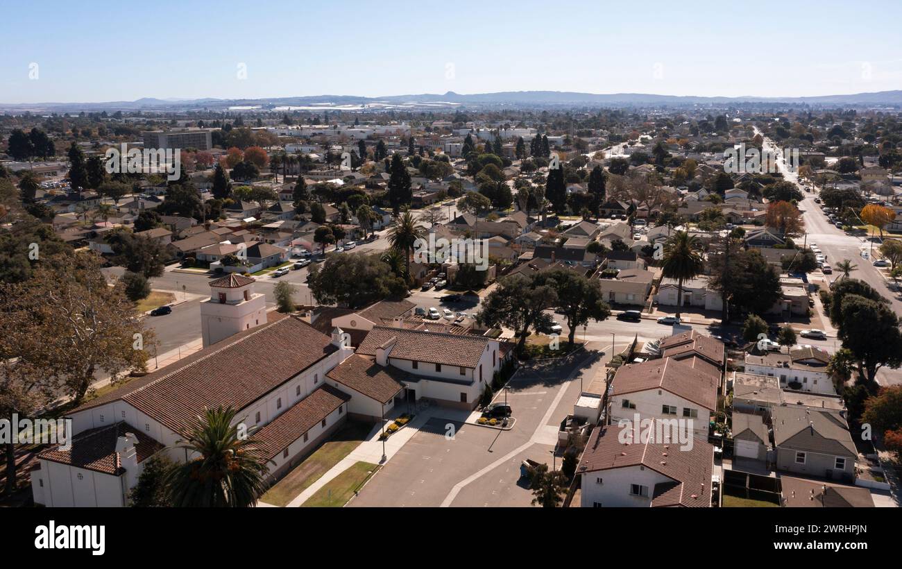 Aerial view of a historic church and surrounding neighborhood of Santa ...