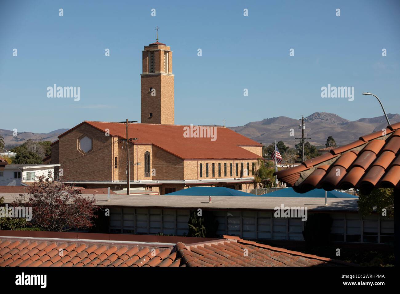 Aerial view of a historic church and surrounding neighborhood of Santa ...