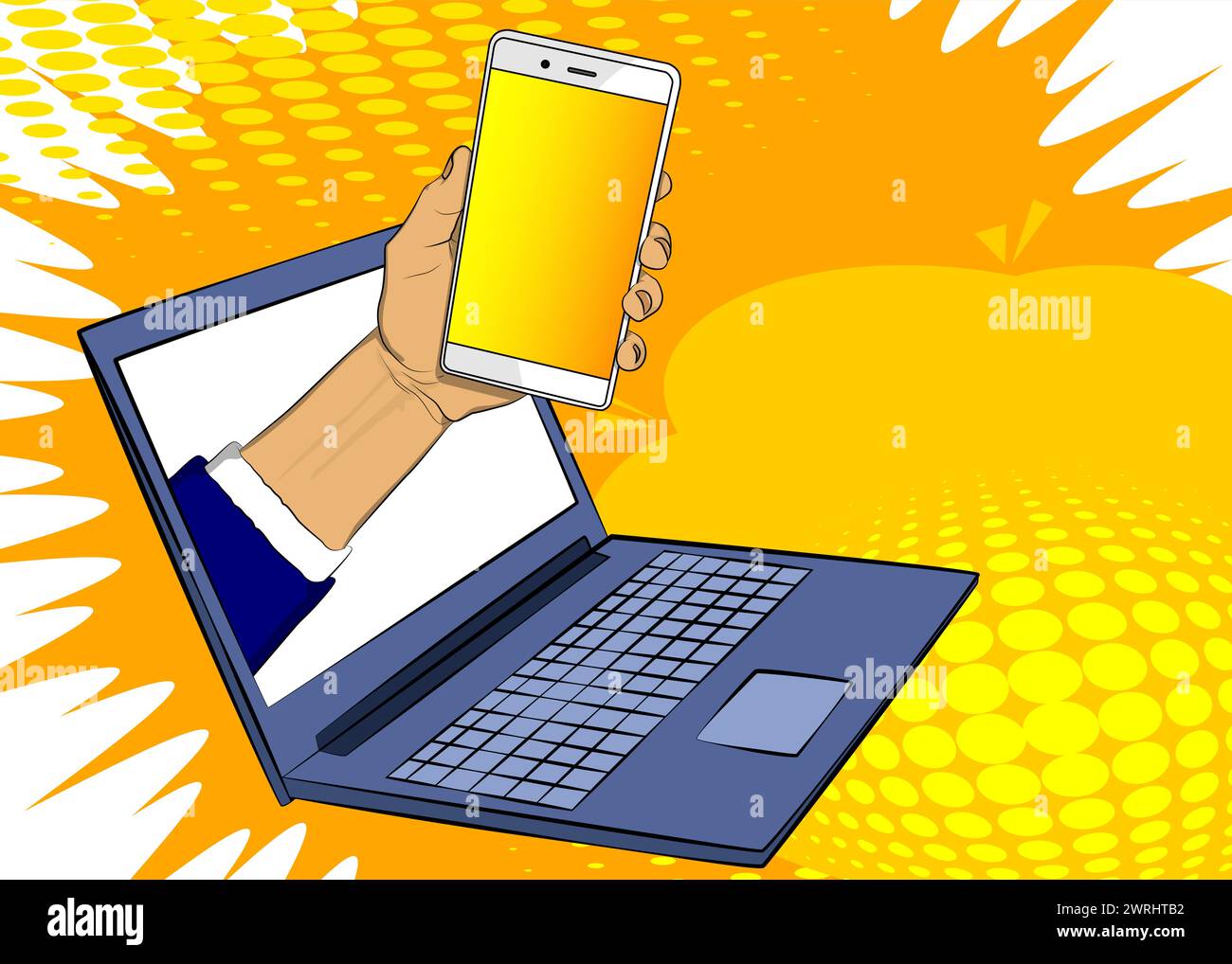 Cartoon Smartphone, comic book Telephone with Laptop. Retro vector ...