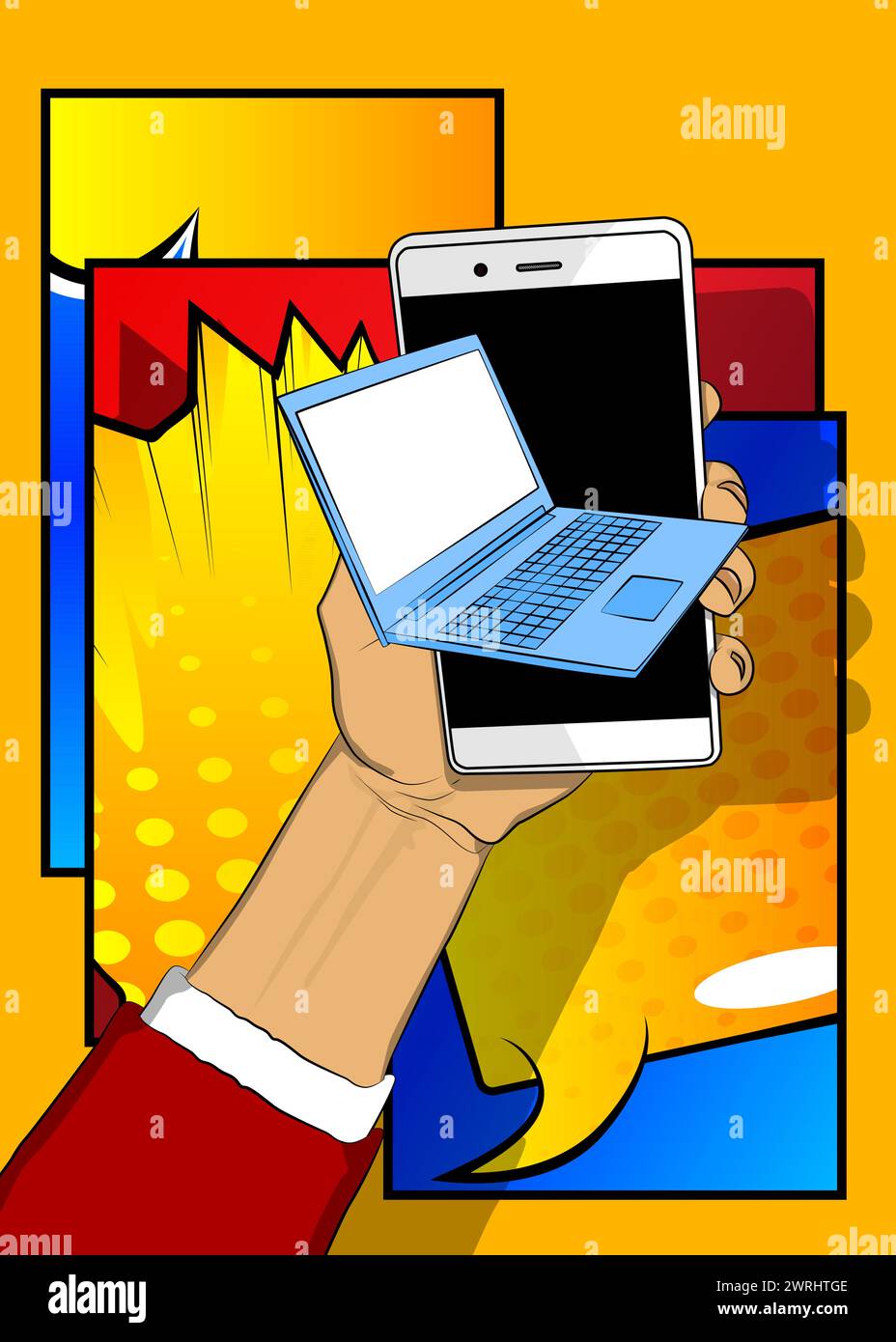 Cartoon Smartphone, comic book Telephone with Laptop. Retro vector ...