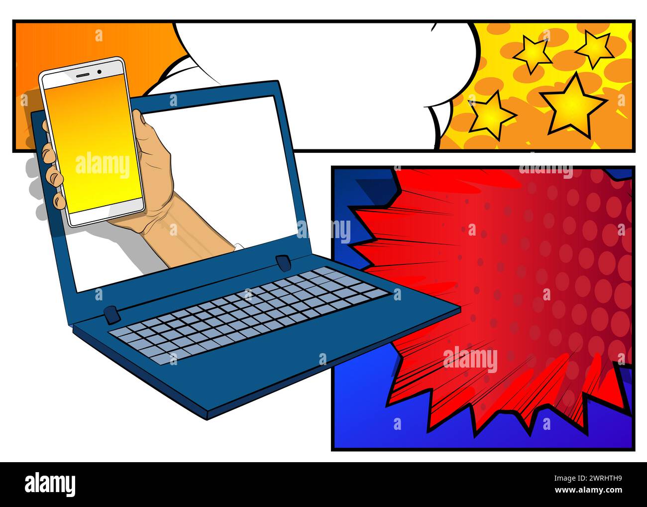 Cartoon Smartphone, comic book Telephone with Laptop. Retro vector ...