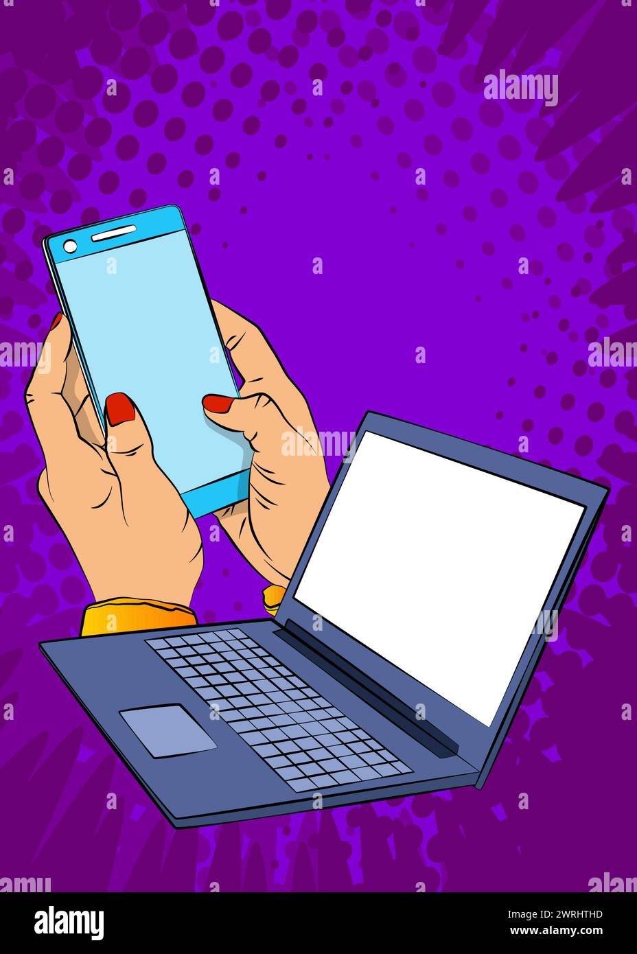 Cartoon Smartphone, comic book Telephone with Laptop. Retro vector ...