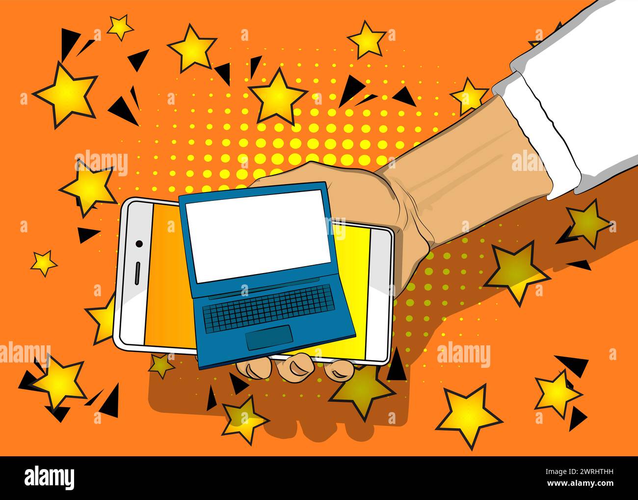 Cartoon Smartphone, comic book Telephone with Laptop. Retro vector ...