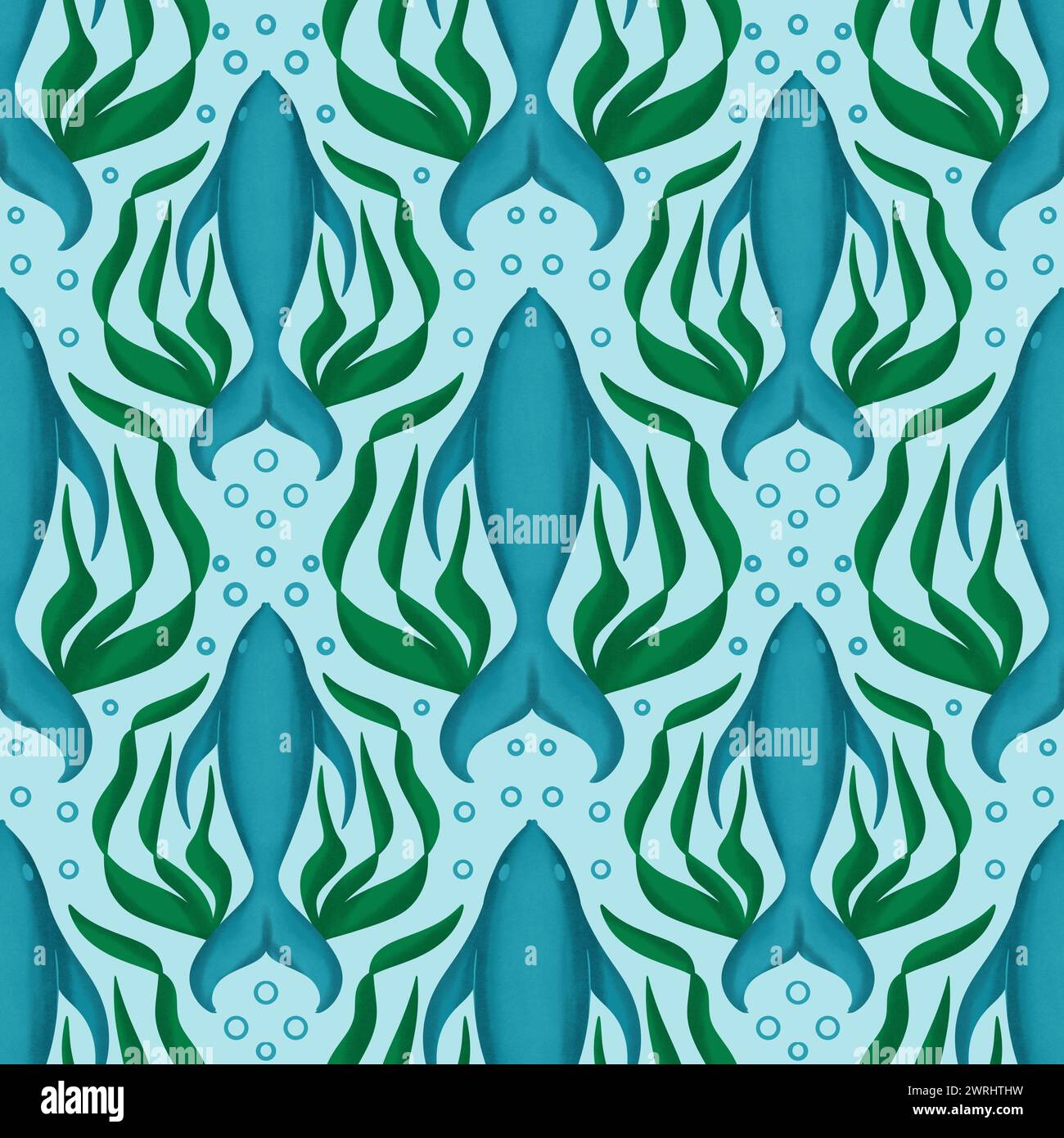 Hand drawn seamless pattern with blue fish green seaweed algae. Elegant ...