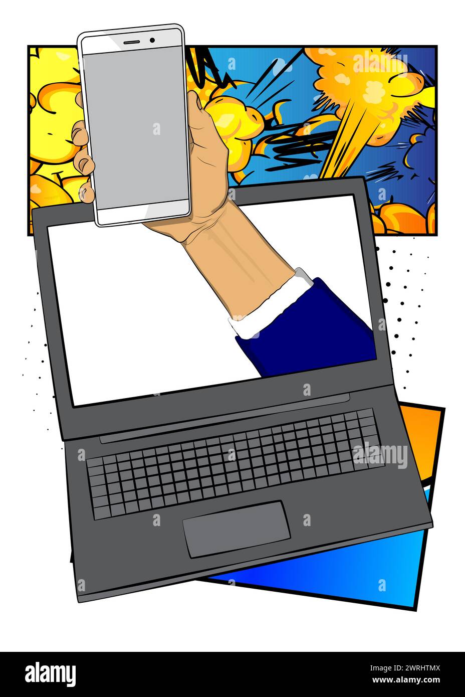 Cartoon Smartphone, comic book Telephone with Laptop. Retro vector ...