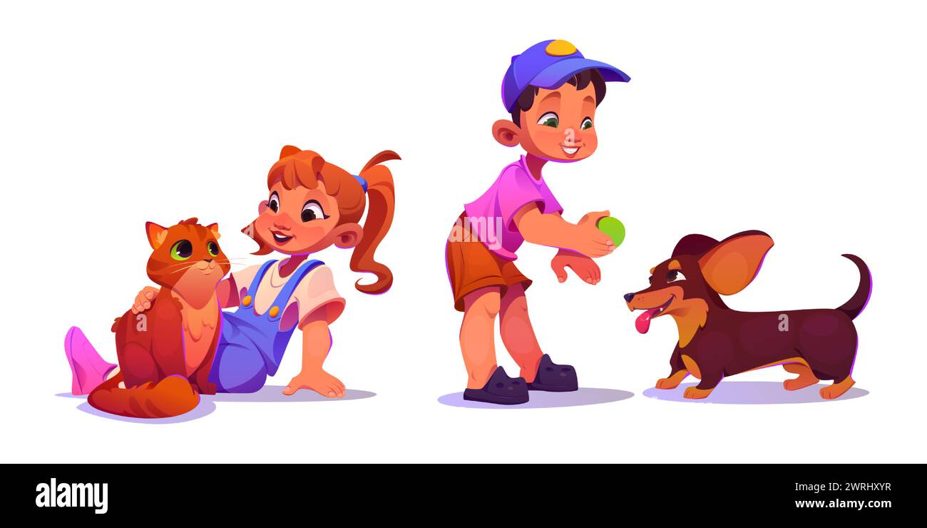 Happy children play with their pets. Cartoon vector kids and their ...