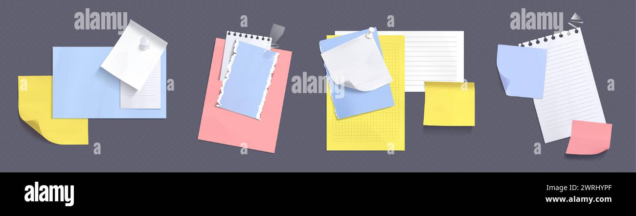 Memo note paper sheets attached with adhesive tape and pins. White and ...