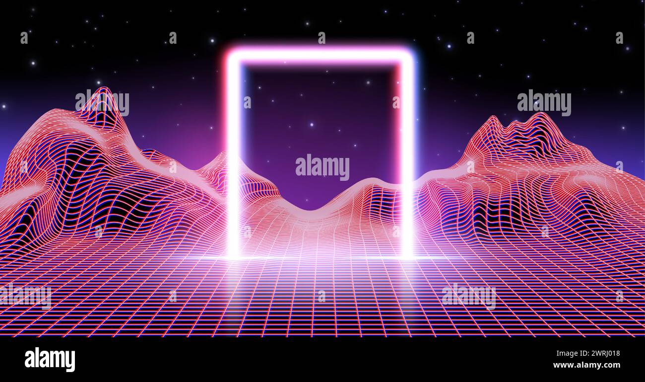 Neon synthwave game background with arch and retro grid. Cyber space ...