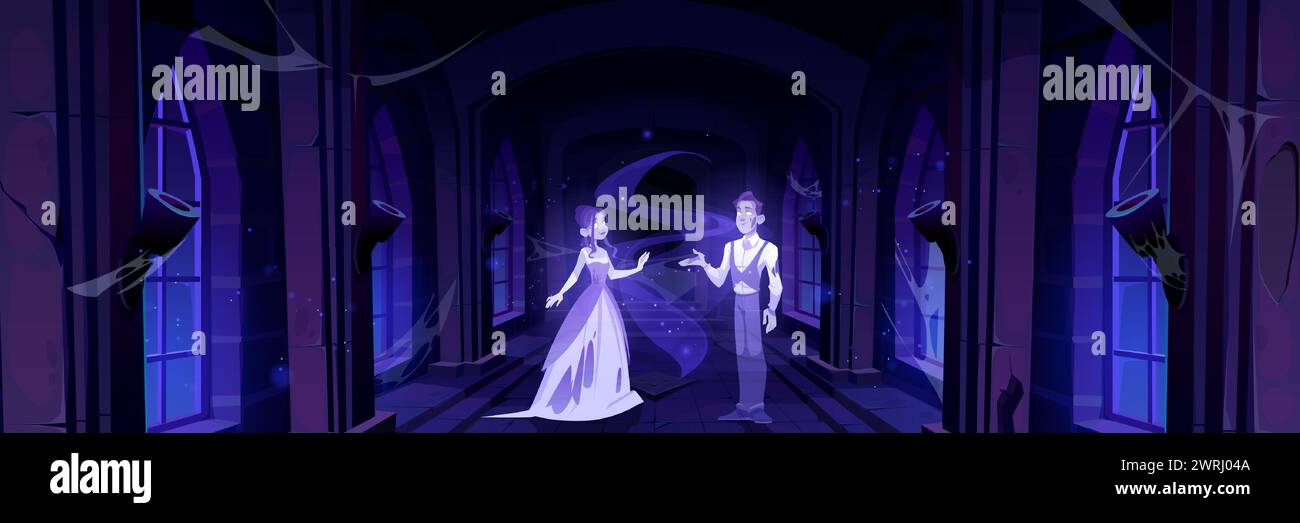 Halloween dark spooky corridor with ghost couple. Horror museum ...