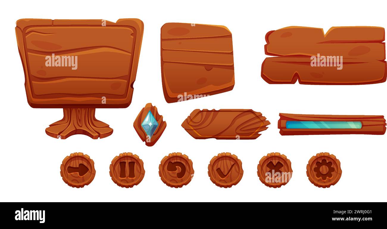 Wood ui cartoon board and button interface design. Wooden plank frame ...