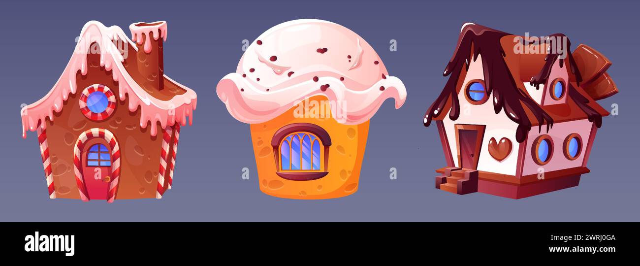 Chocolate candy land house fantasy cartoon game set. Confectionery ...