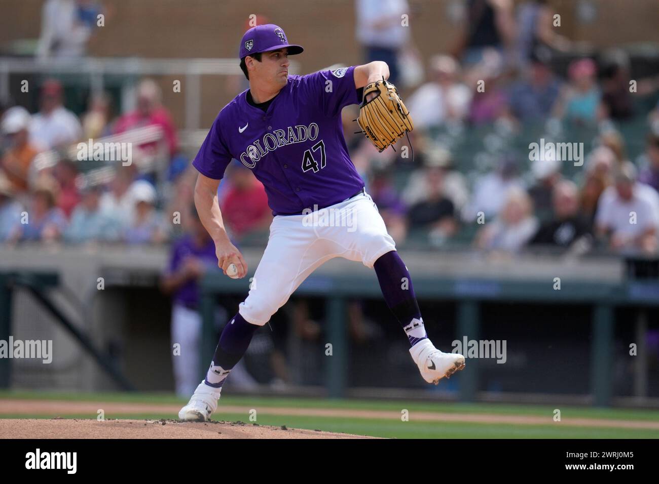 Colorado Rockies starting pitcher Cal Quantrill warms up prior to a ...