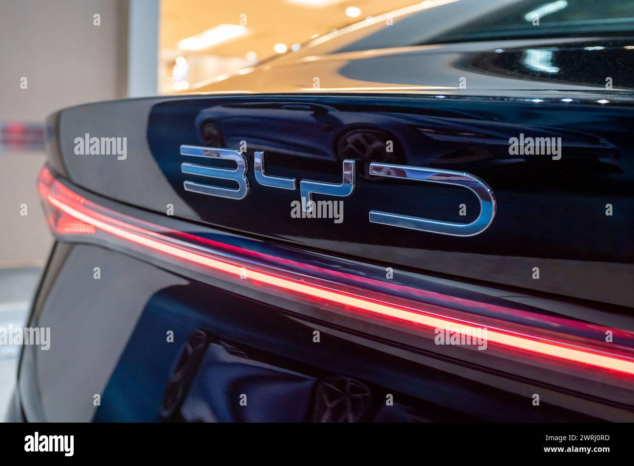 Kuala Lumpur, Malaysia - March 11,2024 : Close-up view of the BYD logo ...