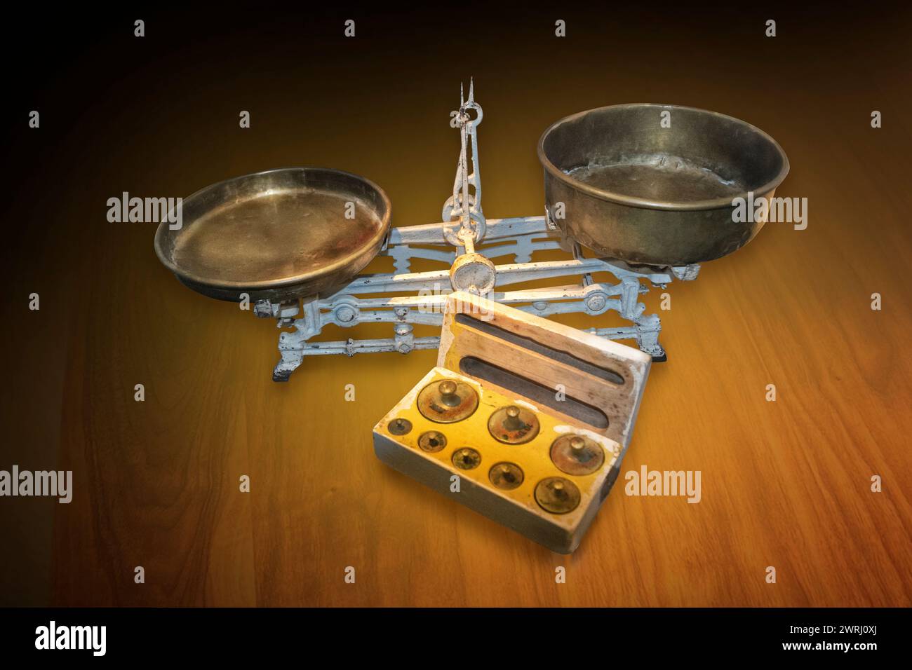 vintage weight scale with brass weights Stock Photo - Alamy