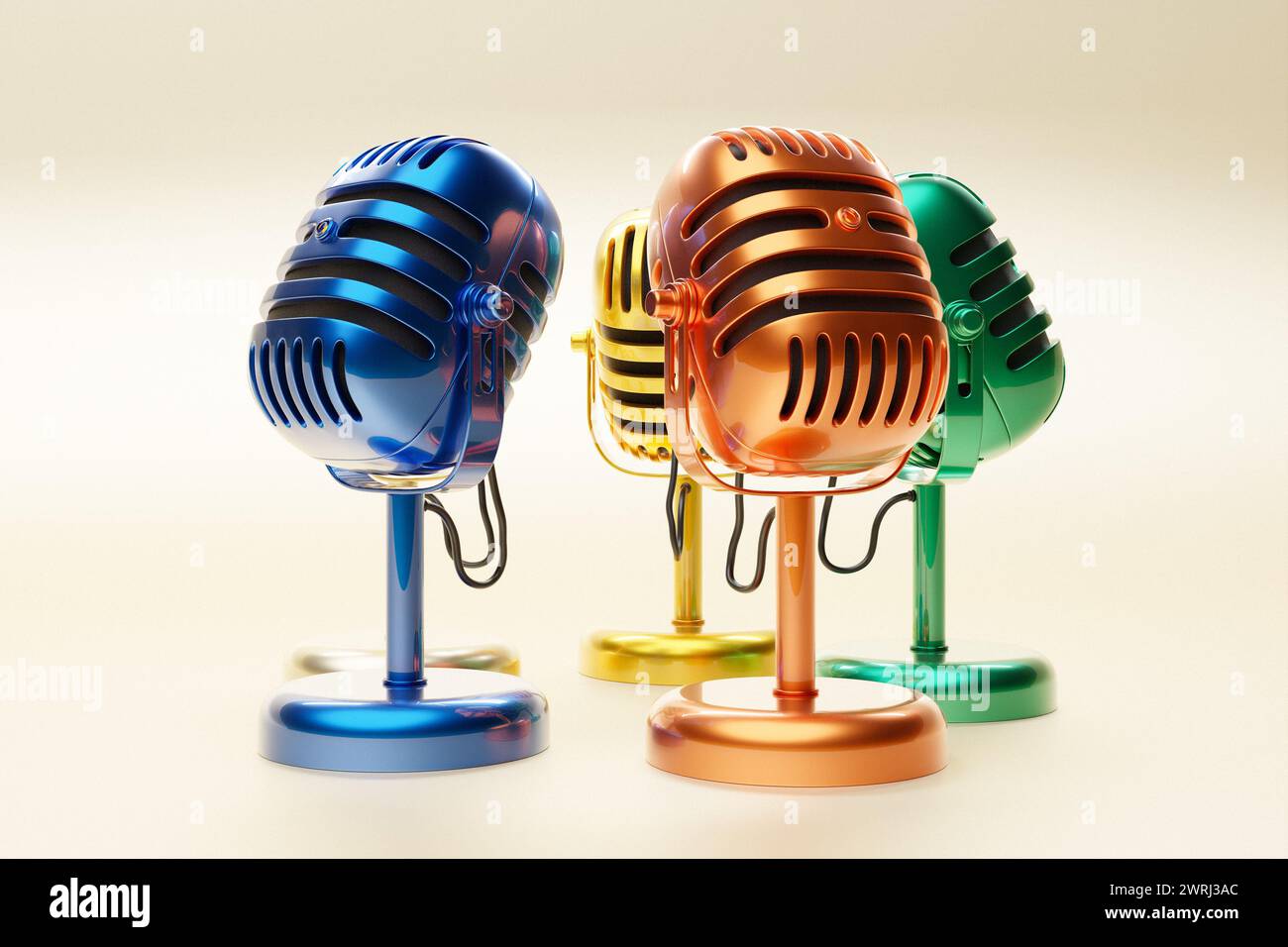 Multi-colored microphones in the shape of a flower on white background ...
