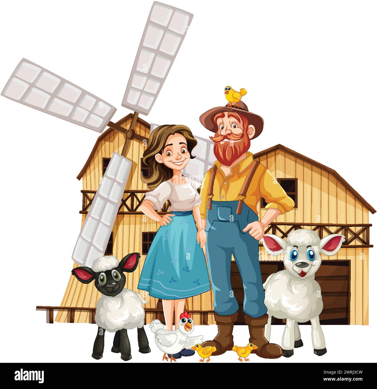 Illustration of farmers with animals near a barn and windmill Stock ...