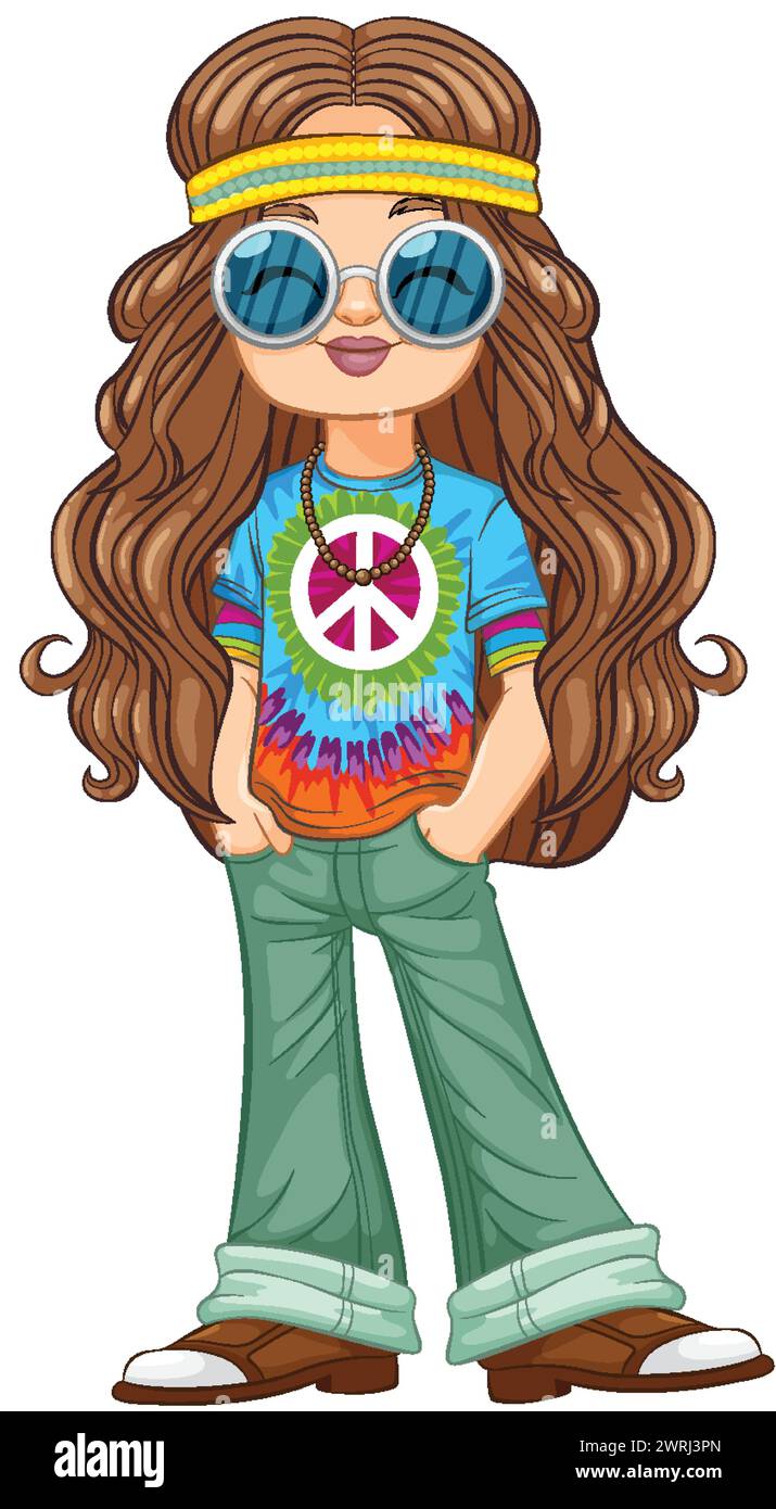 Colorful, retro-styled hippie girl in vibrant attire Stock Vector Image ...