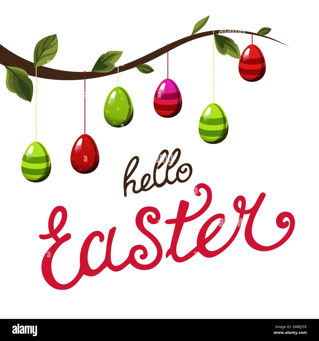 Vector tree branch with red green eggs on white isolated background and ...