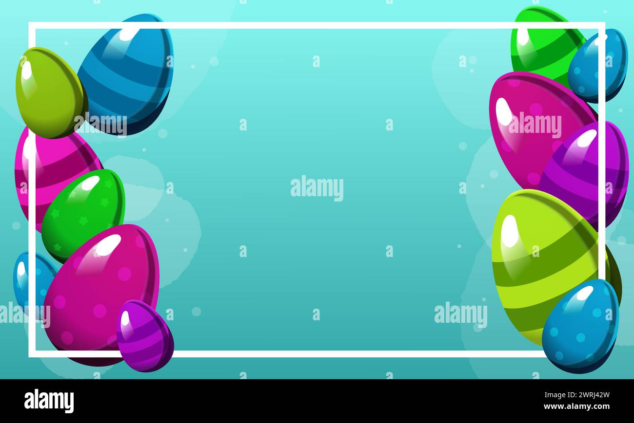 Rectangular frame with colorful Easter eggs for word and text on blue ...