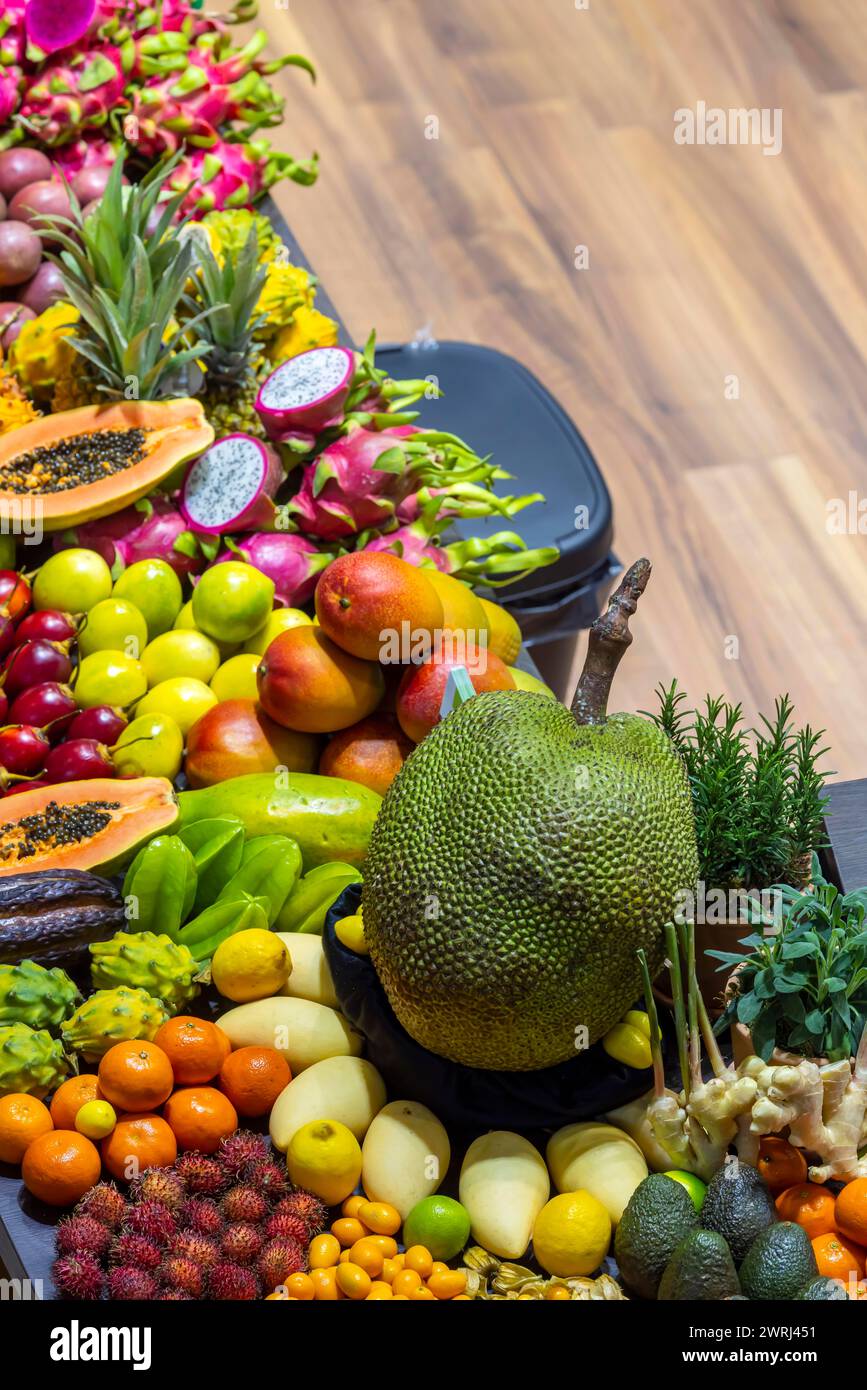 Exotic fruits, lychee, jackfruit, dragon fruit, mango and citrus fruits ...