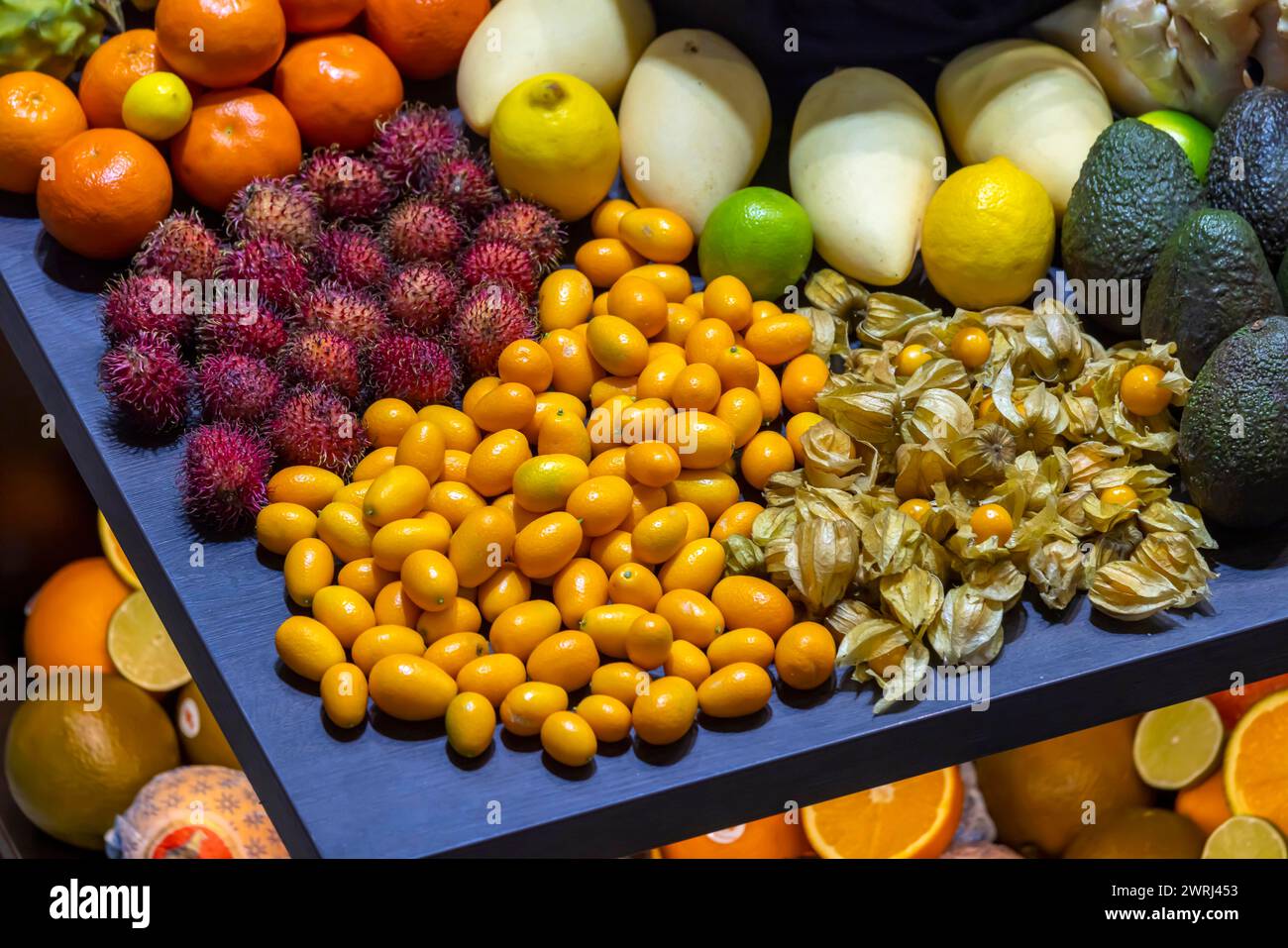 Exotic fruits, lychee, jackfruit, dragon fruit, mango and citrus fruits ...
