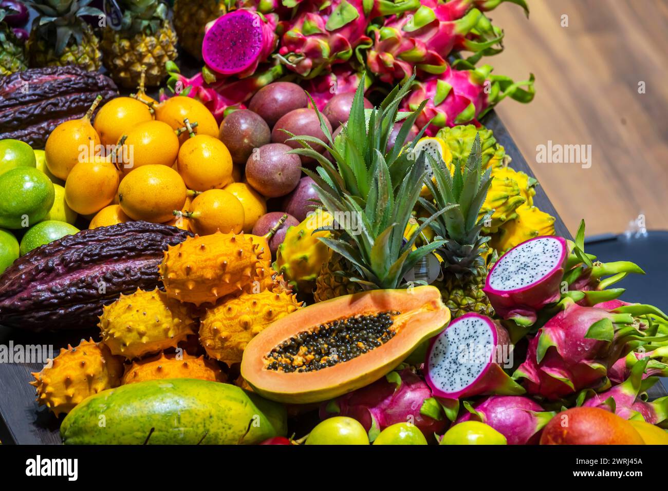 Exotic fruits, lychee, jackfruit, dragon fruit, mango and citrus fruits ...