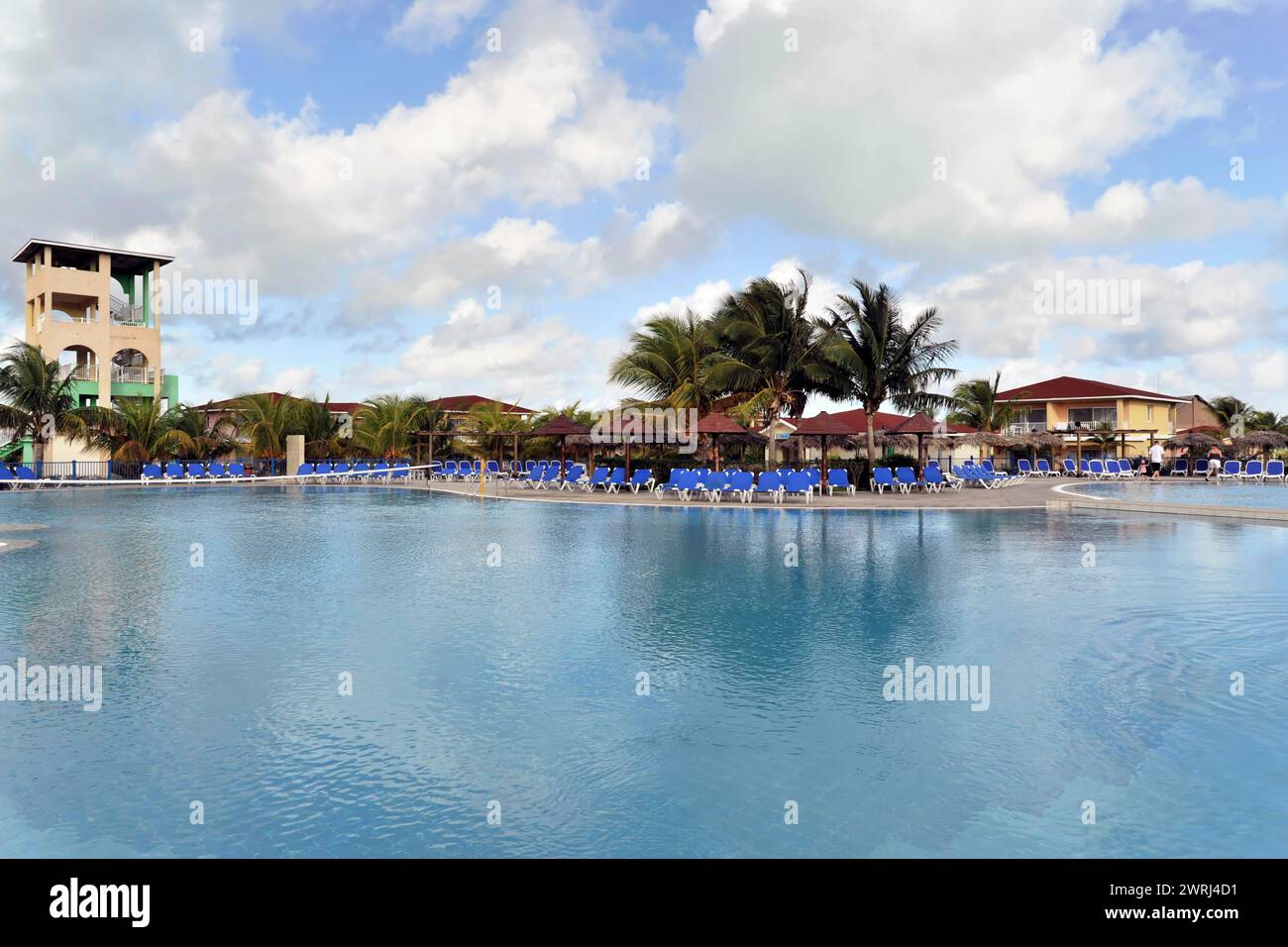 Large swimming pool surrounded by sun loungers and palm trees next to a ...
