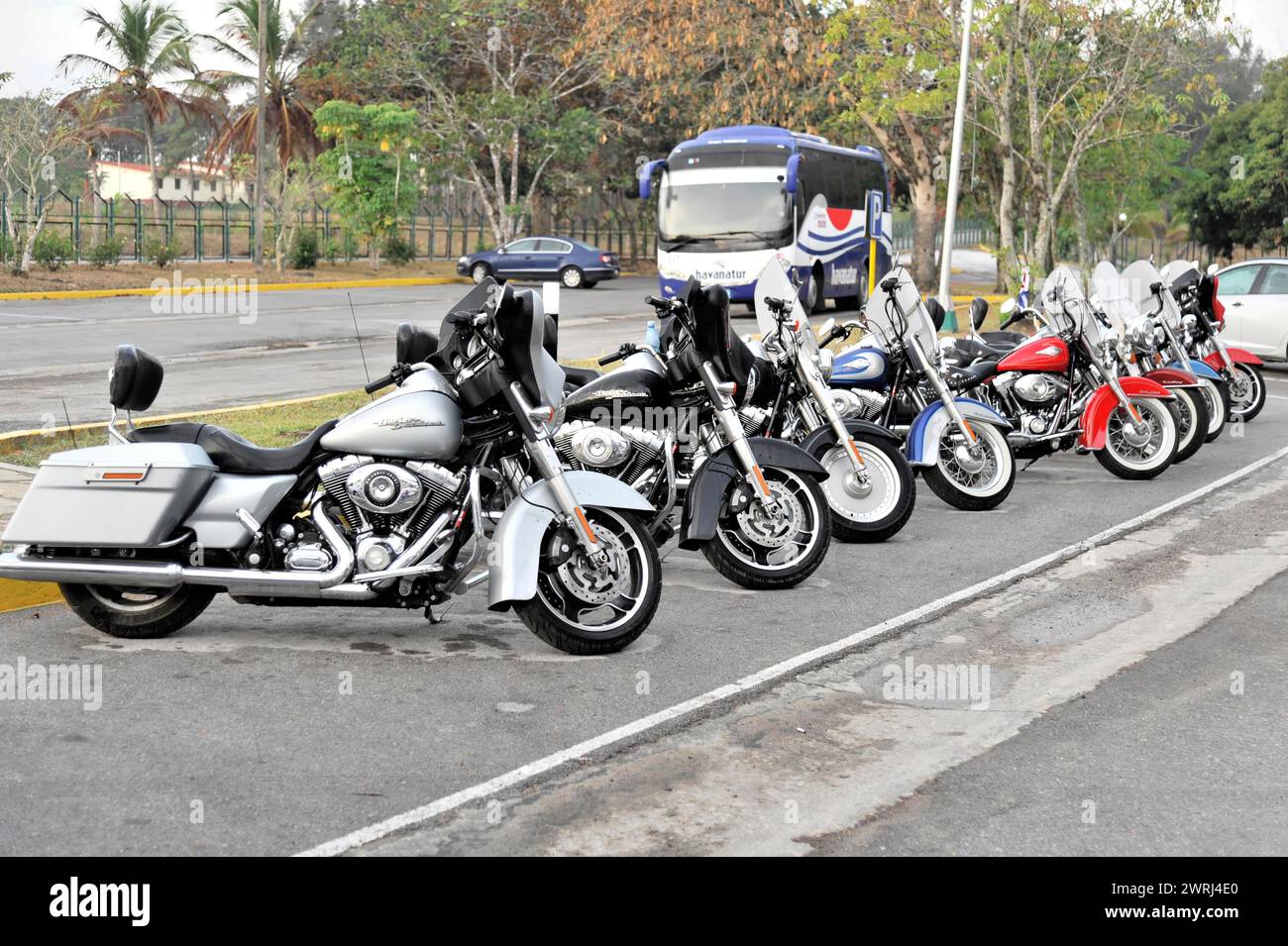 Harley-Davidson motorbikes parked on the roadside, Parque Natural ...