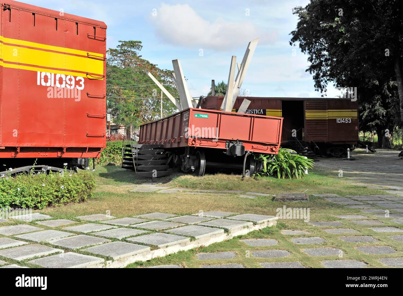 Several colourful railway carriages as part of an open-air museum in ...