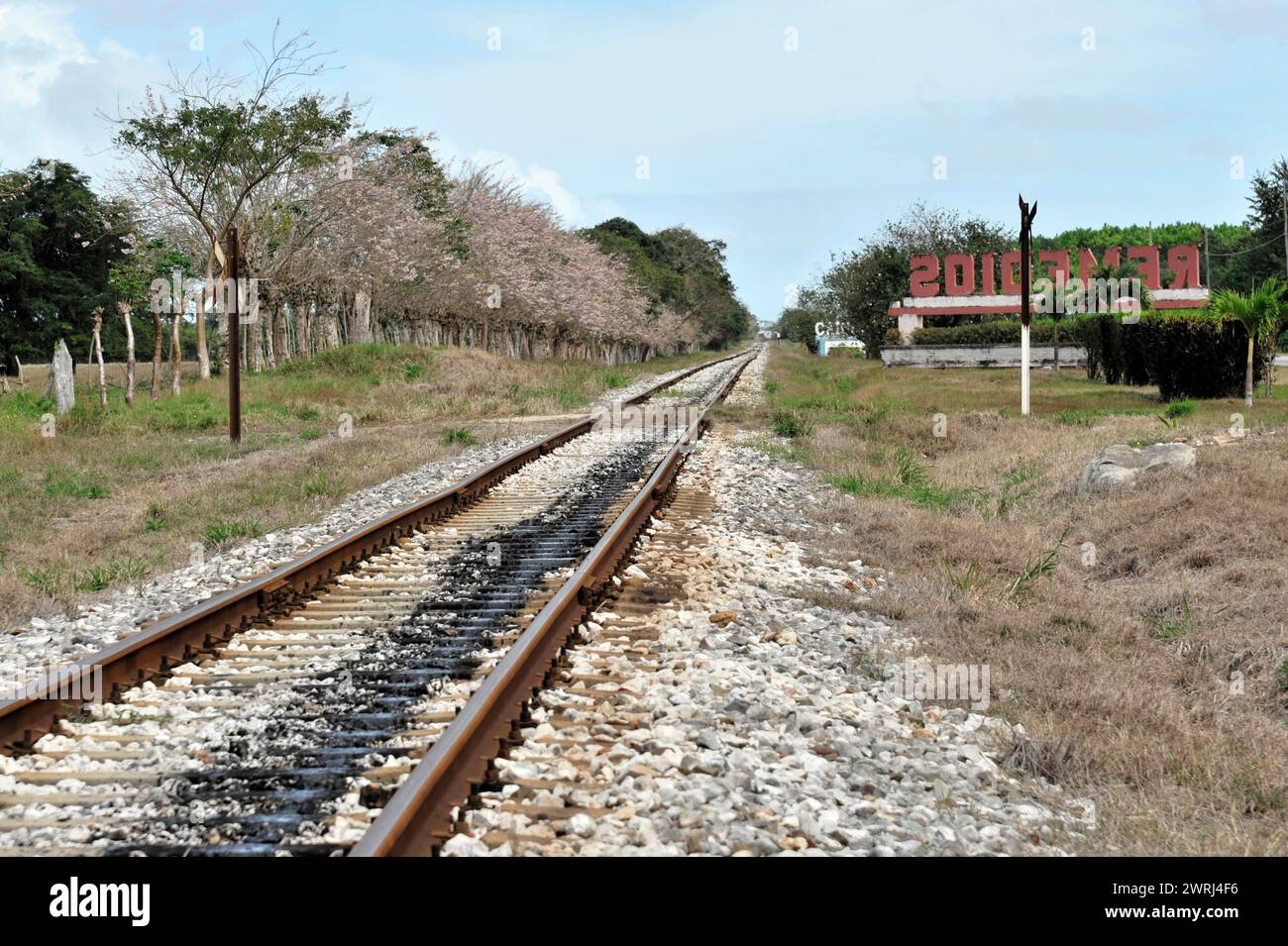 Railway tracks stretch between green fields under a partly cloudy sky, Santa Clara, Cuba ...