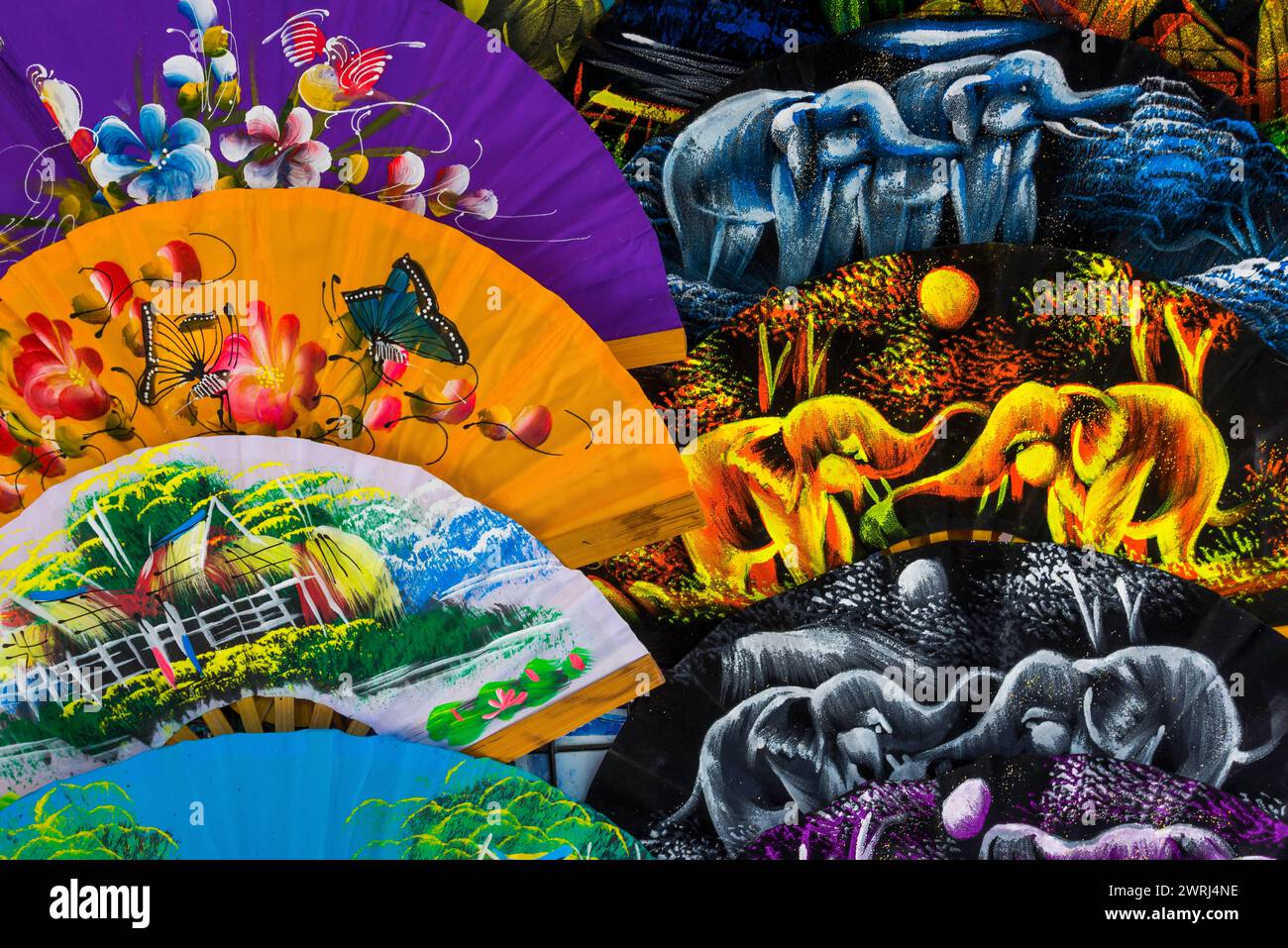 Asian pattern fan, fabric, fabric pattern, elephant, art, asian, thai ...