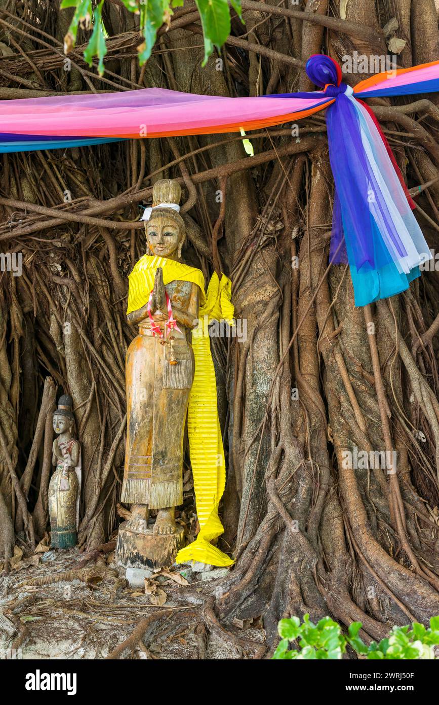 Buddhist figure in front of a tree on Phi Phi Island, wood, carving ...