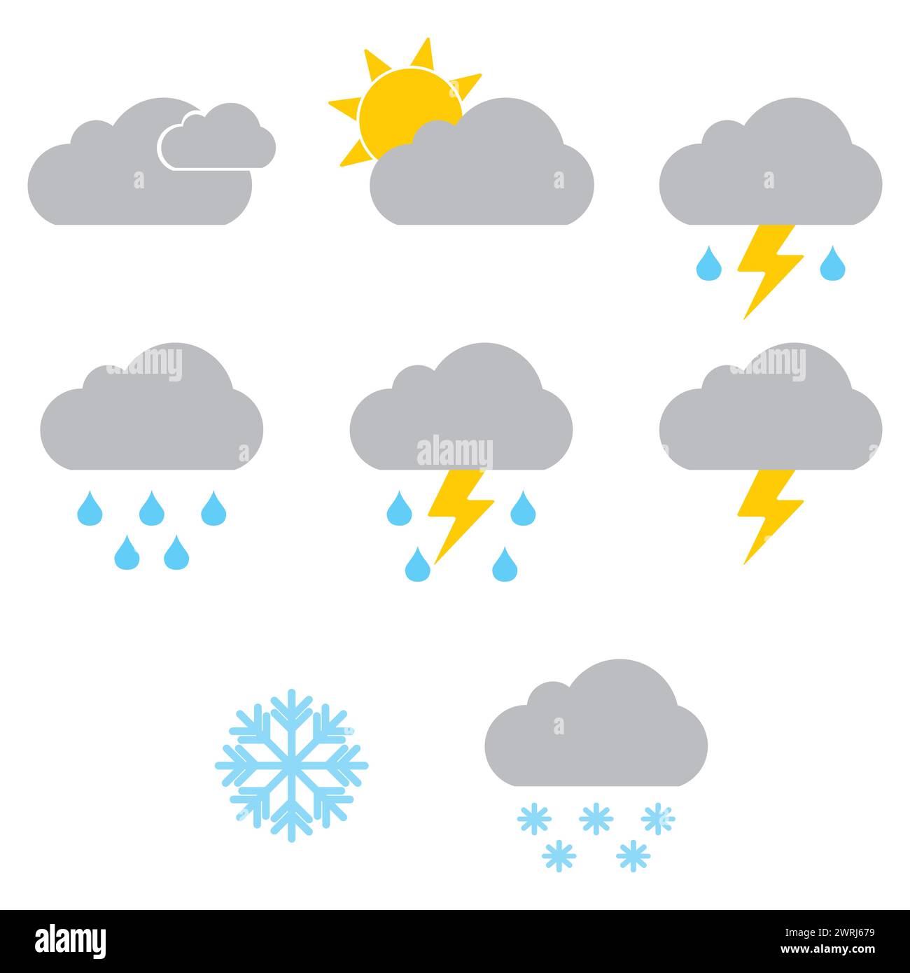 Modern weather icons set. Flat vector symbols on white background. Symbols of rain, rainbow, sun ...