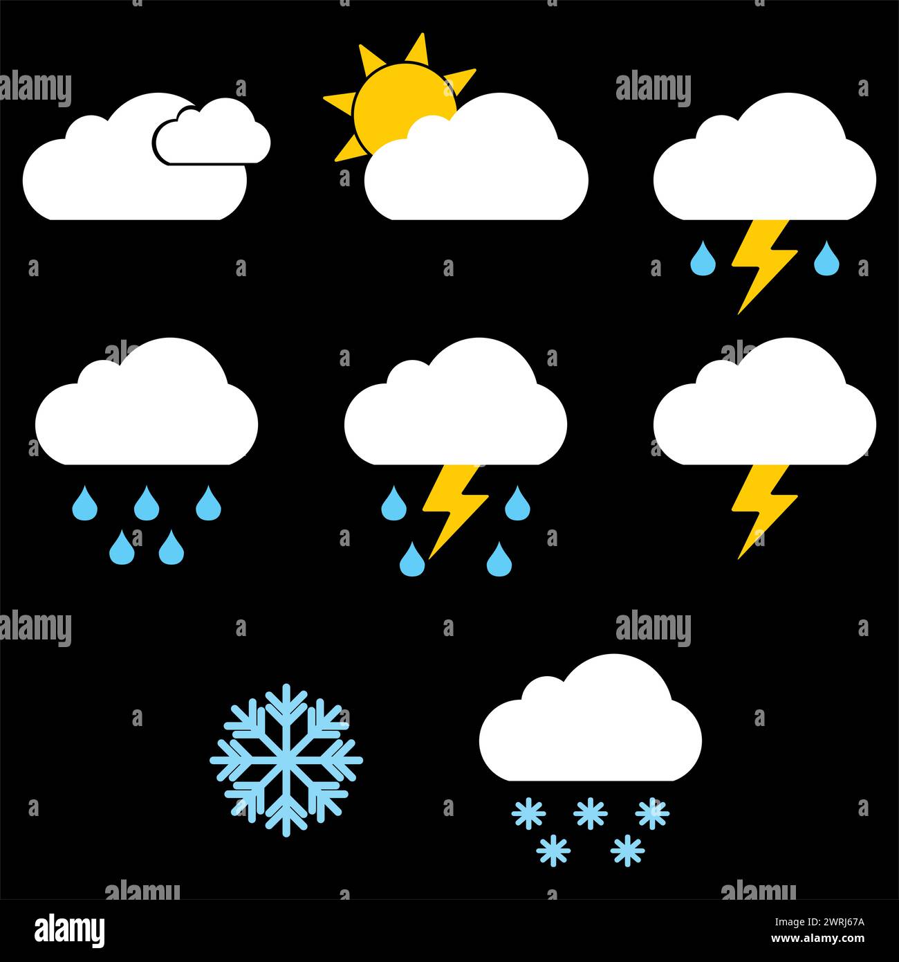 Modern weather icons set. Flat vector symbols on white background. Symbols of rain, rainbow, sun ...